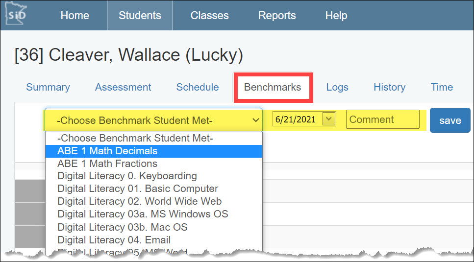 Add, Edit, or Remove Benchmark on Student Record – SiD Help Center